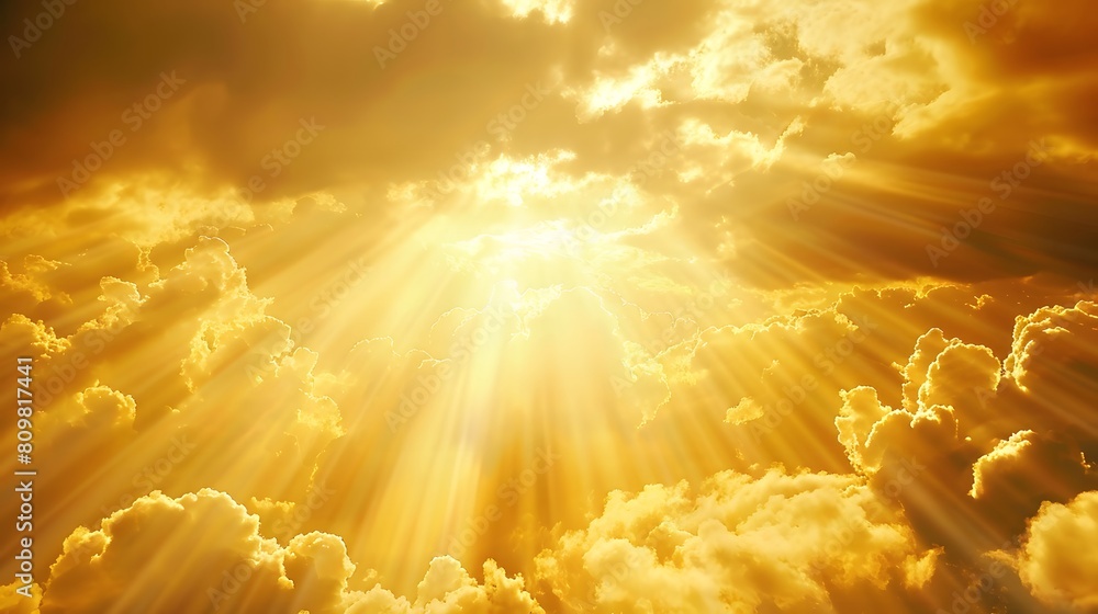 God light. Dramatic golden cloudy sky with sun beam. Yellow sun rays ...