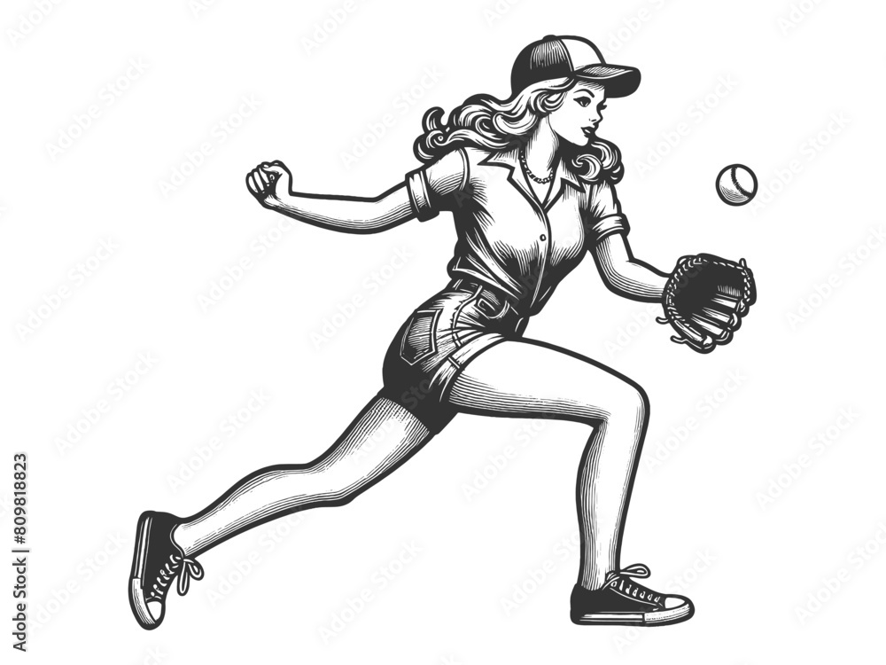 pin-up girl in a dynamic pose, swinging a baseball bat at an incoming ...