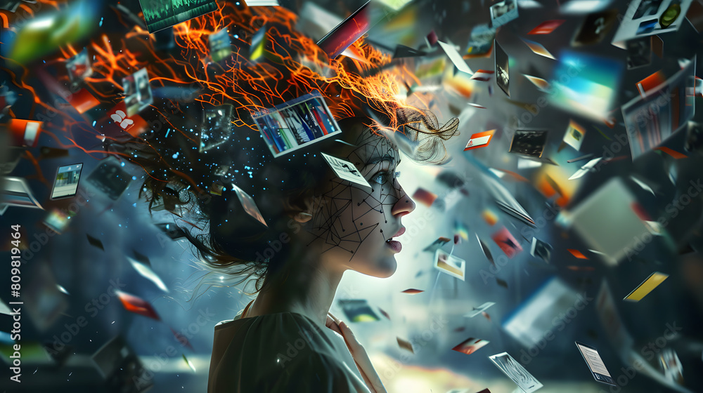 powerful visual metaphor of social media addiction, with a young woman ...
