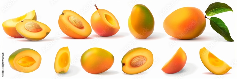 Mango Mangoes fruit, many angles and view side top front sliced halved ...