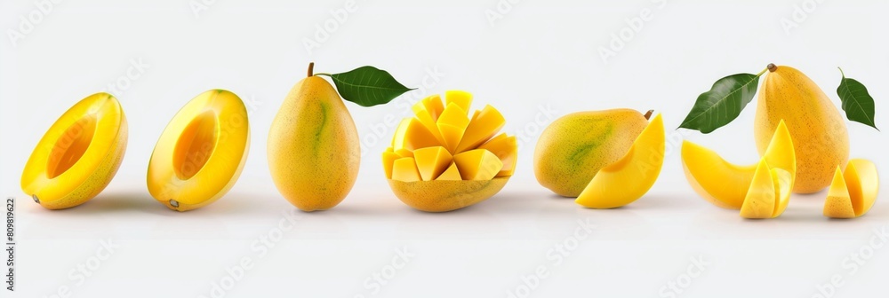 Mango Mangoes fruit, many angles and view side top front sliced halved ...