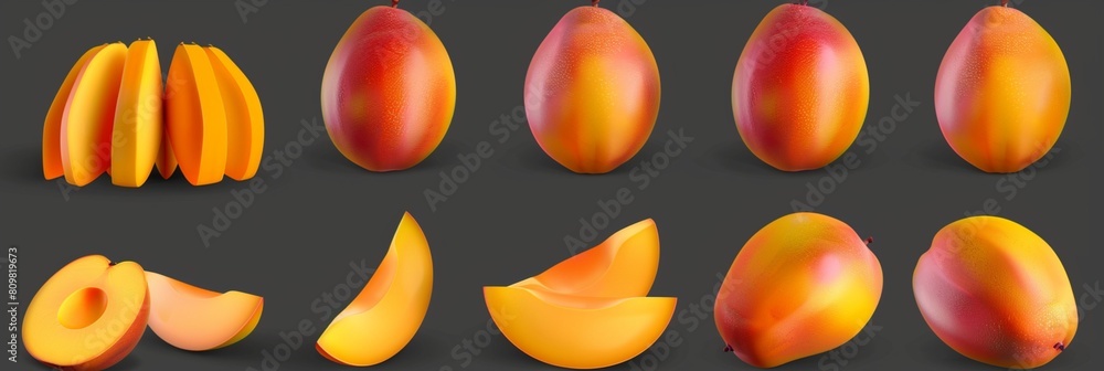Mango Mangoes fruit, many angles and view side top front sliced halved ...