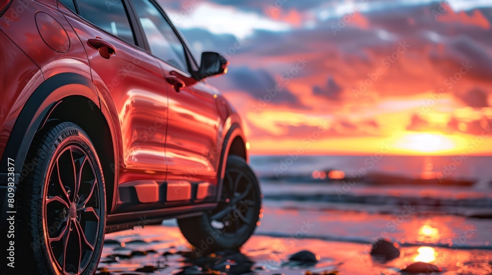 car luxury SUV parked on the beach with beautiful vibrant red sunset ...