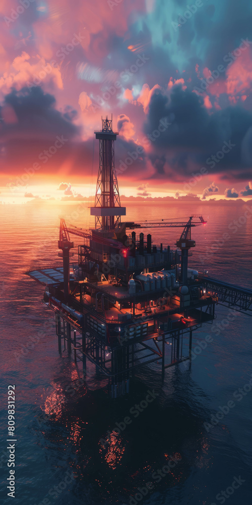 An open oil drilling rig captured in high resolution by drone, bathed ...