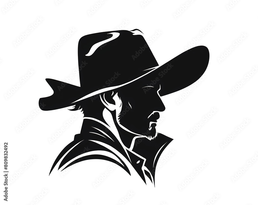 Cowboy silhouette head wearing a hat Face black logoIsolate background ...