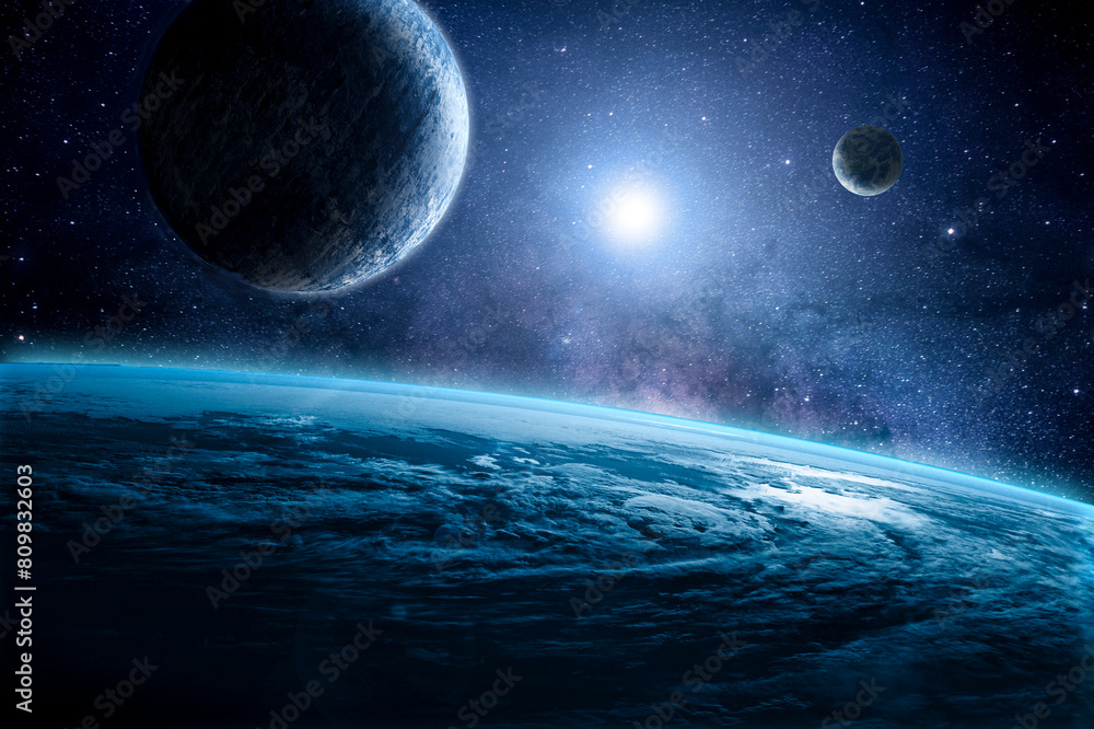 Universe landscape with galaxies and planets, mysterious alien planets ...