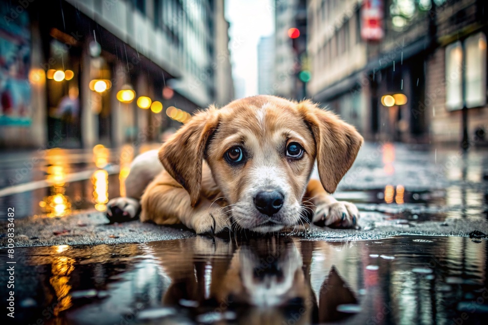 A stray animal. A wet, sad, abandoned, hungry puppy lies in a puddle in ...
