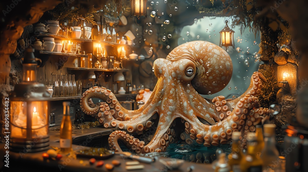Illustrate an octopus chef in an underwater kitchen, surrounded by ...