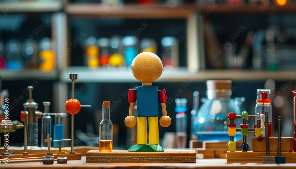 Colorful wooden figure at a science fair, surrounded by mini ...