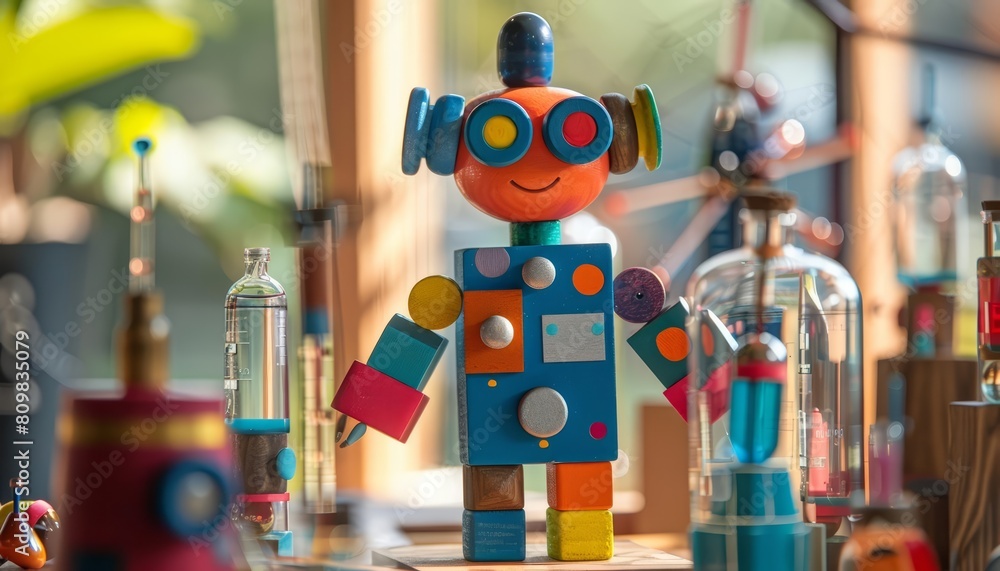 Colorful wooden figure at a science fair, surrounded by mini ...