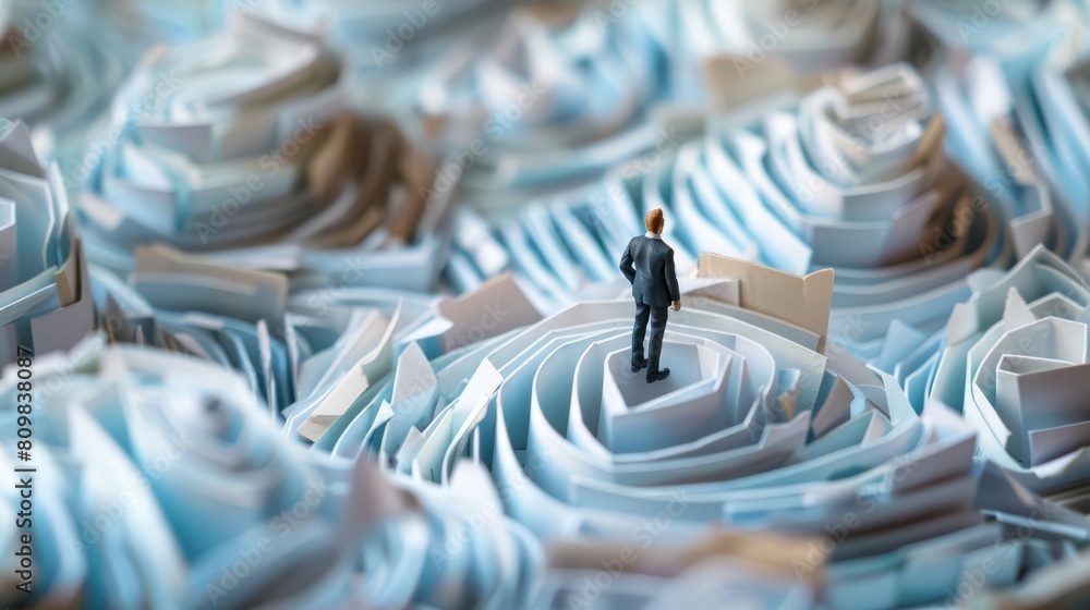 Mini figures businessman navigating a maze made of legal documents ...