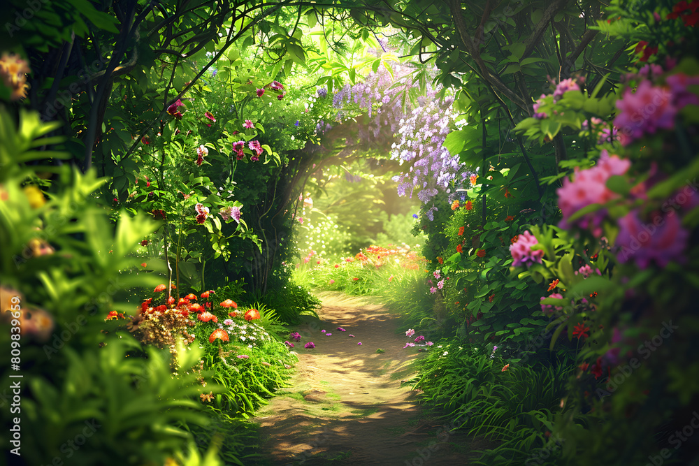 Lush garden path lined with blooming flowers and greenery, leading to a ...