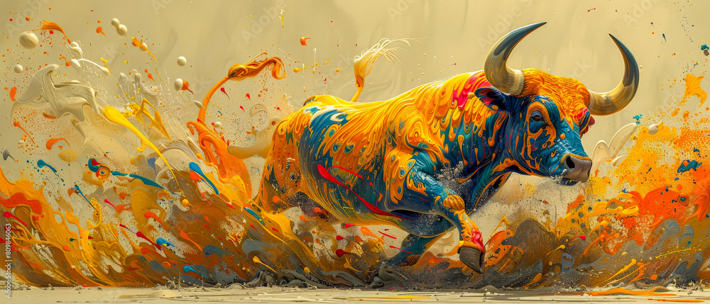Charging colored bull in motion surrounded by smoke an color. Dynamic ...