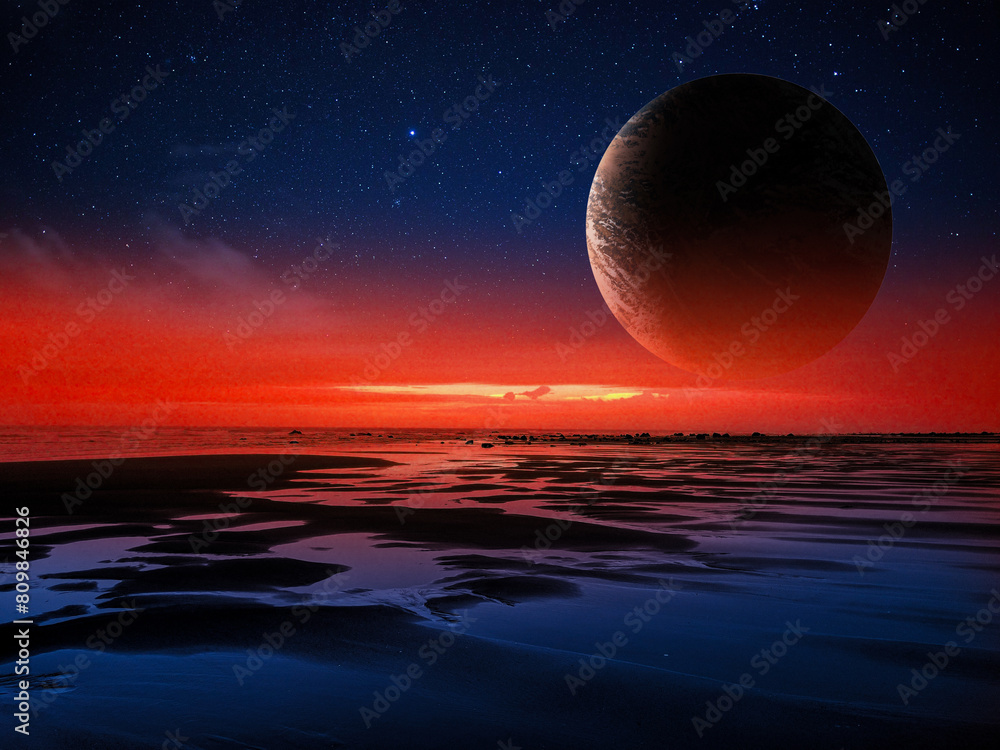 Sunset view from the surface of an alien world, alien landscape with an ...