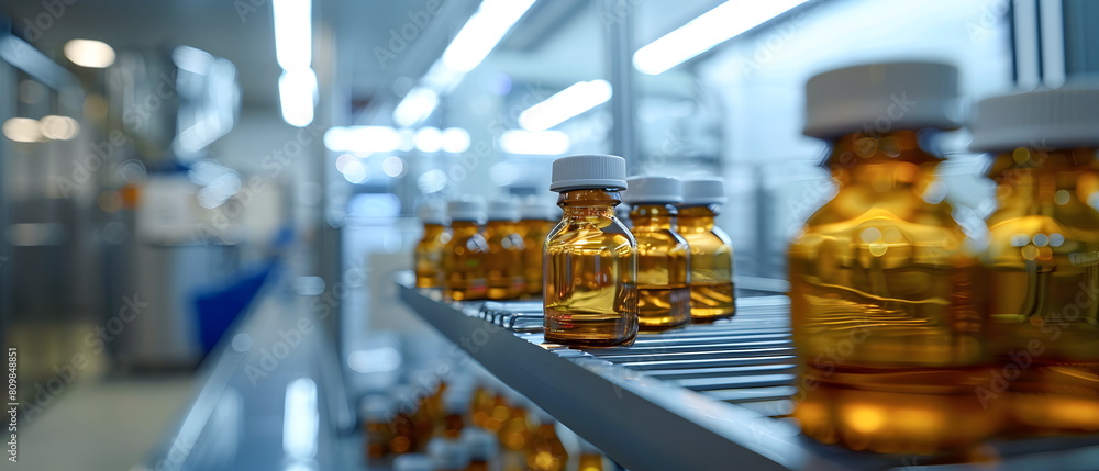 Biopharmaceutical Production manufacturing process, A row of vials with ...