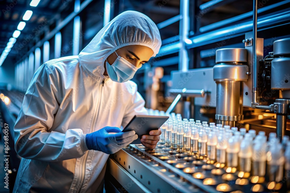 Production of medicines. A pharmacist checks medical vials on an ...