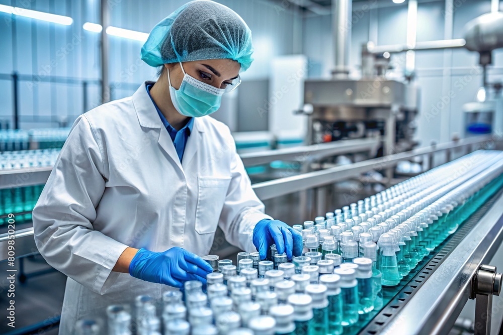 Production of medicines. A pharmacist checks medical vials on an ...