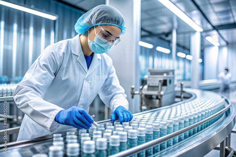 Production of medicines. A pharmacist checks medical vials on an ...