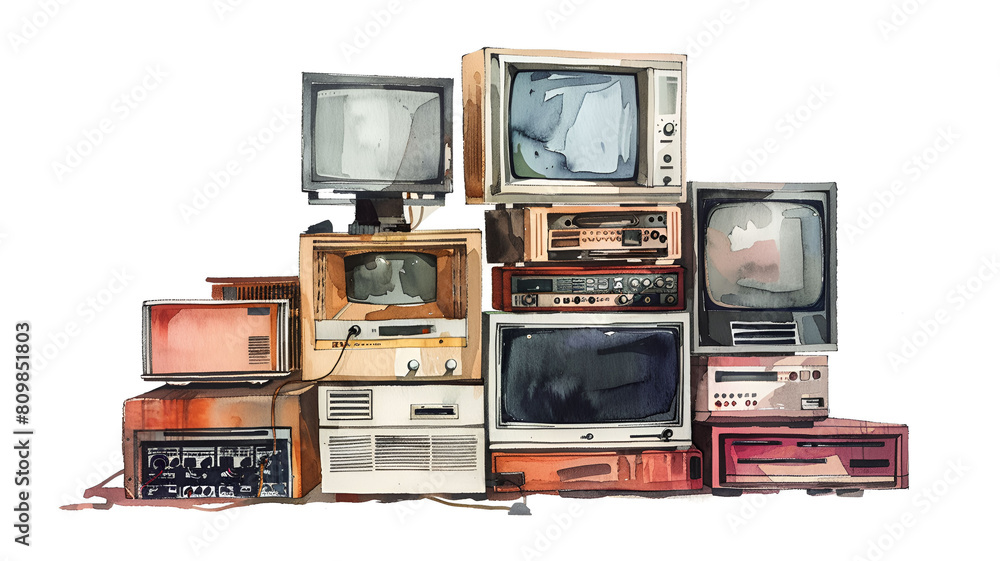 Old computer, vintage, tech elements isolated on white background ...