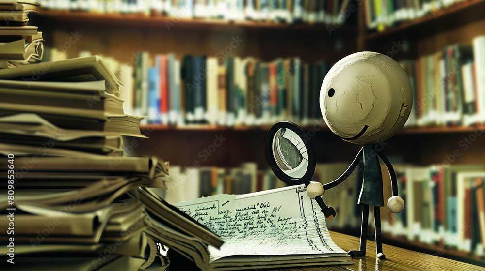 Cartoon stick figure uses magnifying glass to inspect document ...