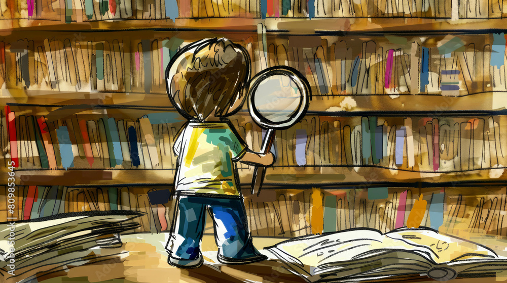 Cartoon stick figure uses magnifying glass to inspect document ...