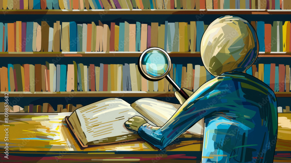 Stick figure conducts examination with magnifying glass on cartoon ...