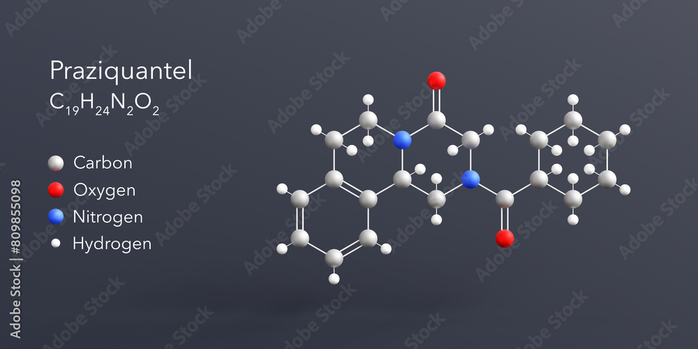 praziquantel molecule 3d rendering, flat molecular structure with ...