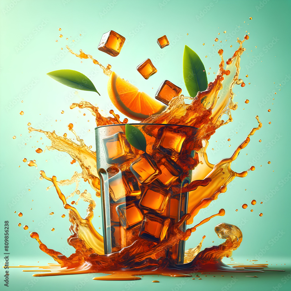 Iced tea drink poster idea template, image of tea leaves, ice cubes and ...