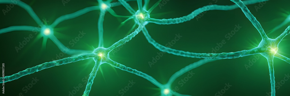Conceptual illustration of neuron cells with glowing link knots green ...