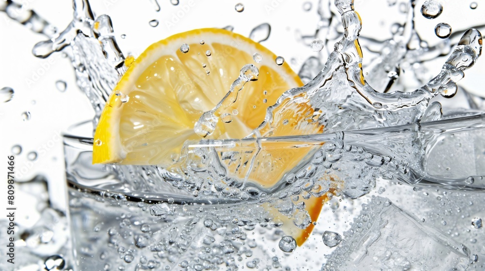 This image shows a lemon slice splashing into a clear, fizzy drink with ...