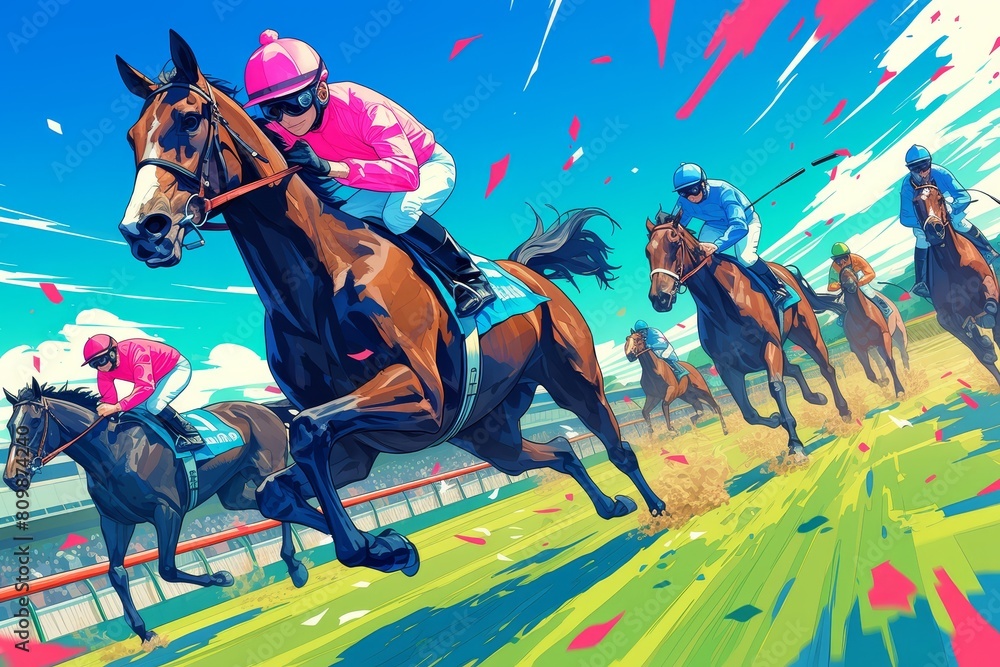 A cartoon illustration of horse racing, jockeys wearing pink and blue ...