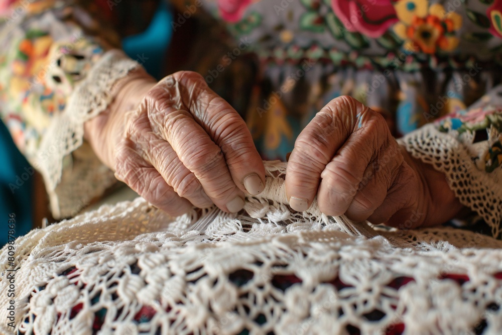 Close-up of a bigoudène woman's hands weaving traditional lace ...