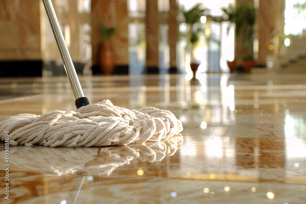 A detailed view of a mop in use, swiftly gliding across the marble ...