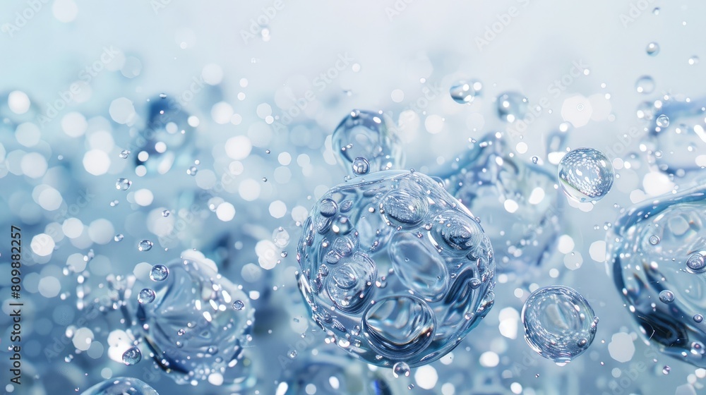 Cell molecules of water Blue bubbles molecule background Biology or ...