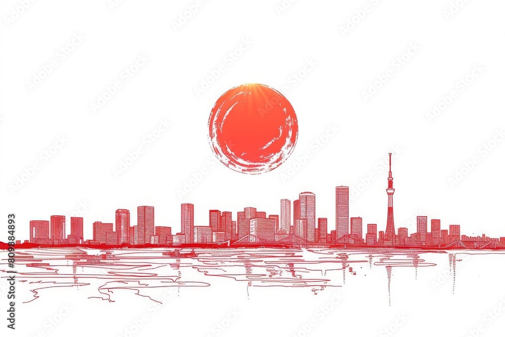 minimalist one line drawing of tokyo skyline japan with rising sun in ...