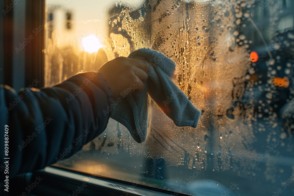 An intimate shot capturing someone wiping down a smudged glass window ...