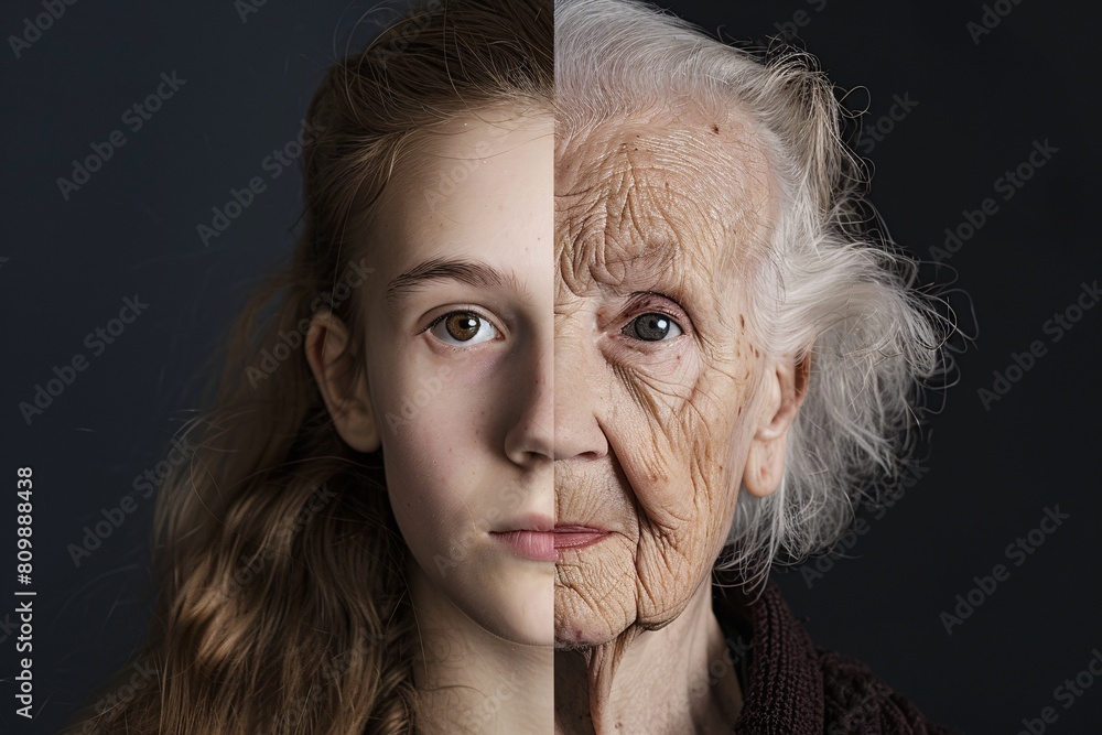 A split-image transformation depicting a young woman on the left and an ...