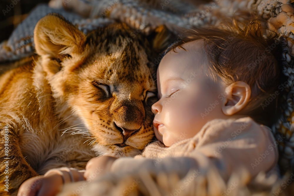 A detailed close-up image of a sleeping baby snuggled with a lion cub ...
