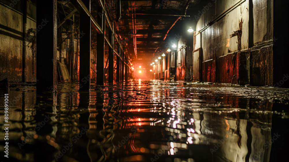 ภาพประกอบสต็อก Silhouettes and Reflections in a Moody Illuminated Urban ...