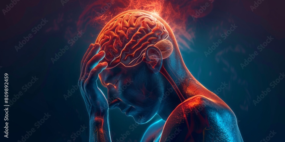 Neurological health visualization. Man suffering from headache, with ...