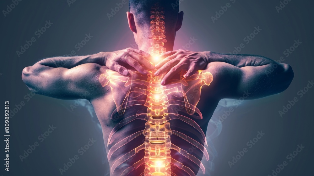 Spinal health visualization. Man experiencing back pain with glowing ...