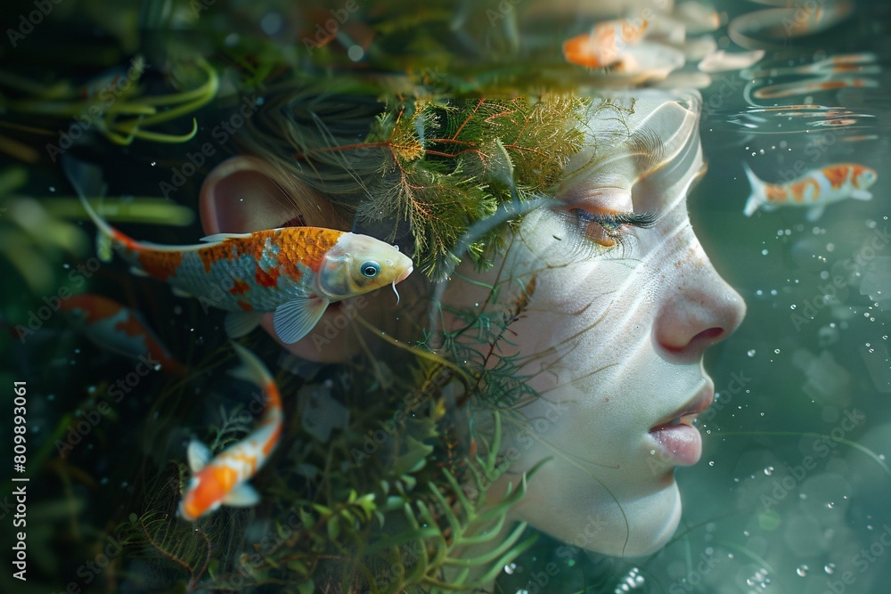 A lifelike close-up image of a woman with an aquarium as his cranium ...