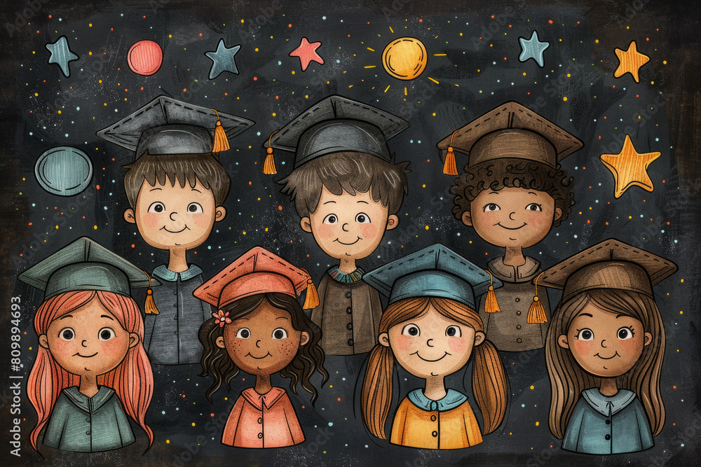 Cartoon drawing portraits of graduated students, children in graduation ...