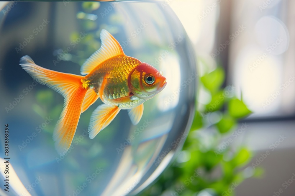 A detailed shot of a circular fish aquarium featuring a lively goldfish ...