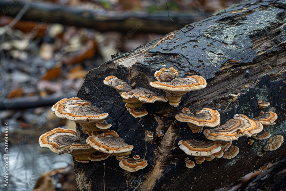 Fungi growing on a decaying log, illustrating the unseen but crucial ...