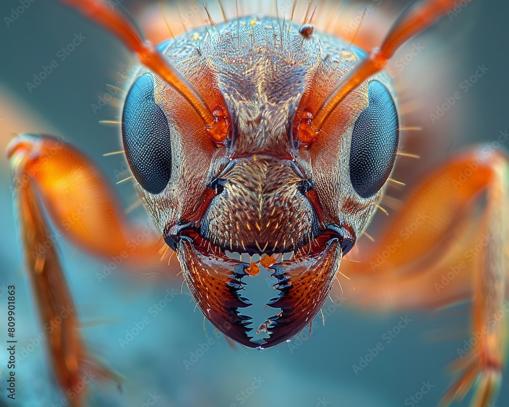 A closeup of an ants head shows its powerful mandibles and segmented ...
