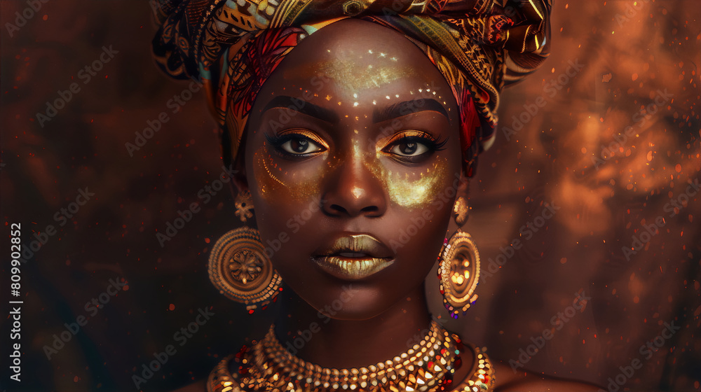 Portrait of a regal African woman wearing a golden head wrap and ...