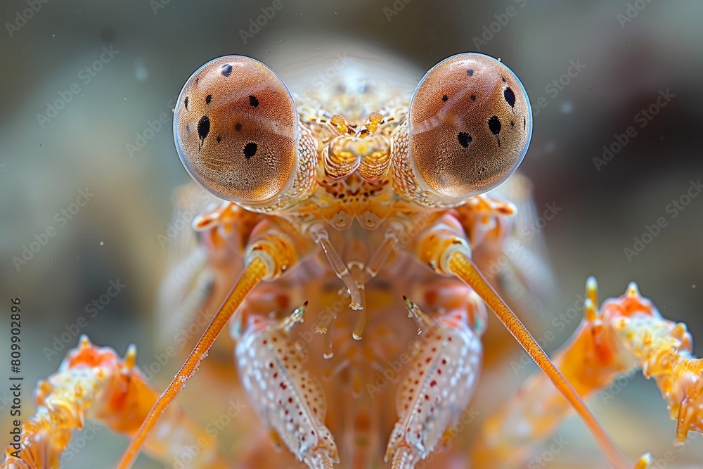 In a macro shot, the head of a mantis shrimp displays its compound eyes ...