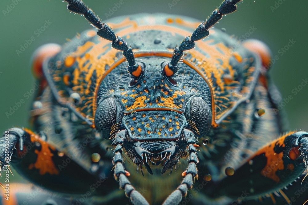 In macro photography, the head of a beetle displays its armored ...