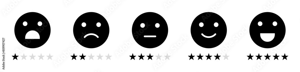 Feedback, Star rating emojis vector icon set with black and white color ...